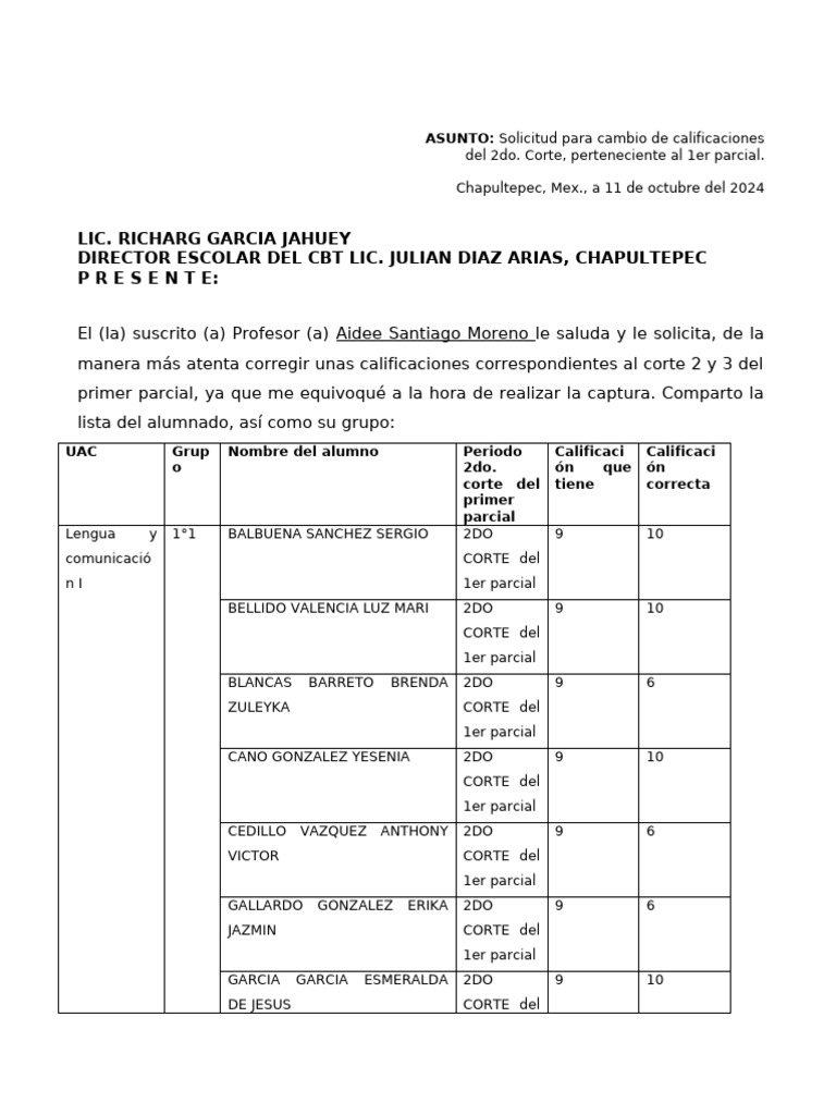 SOLICITUD DE CAMBIO DE CALIFICACIONES 2024 - Aidee Santiago Moreno A Santos | PDF