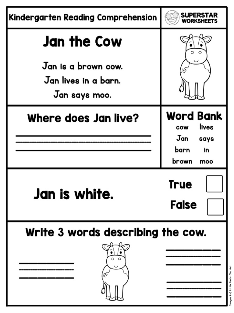 Kindergarten Reading Comprehension The Cow | PDF