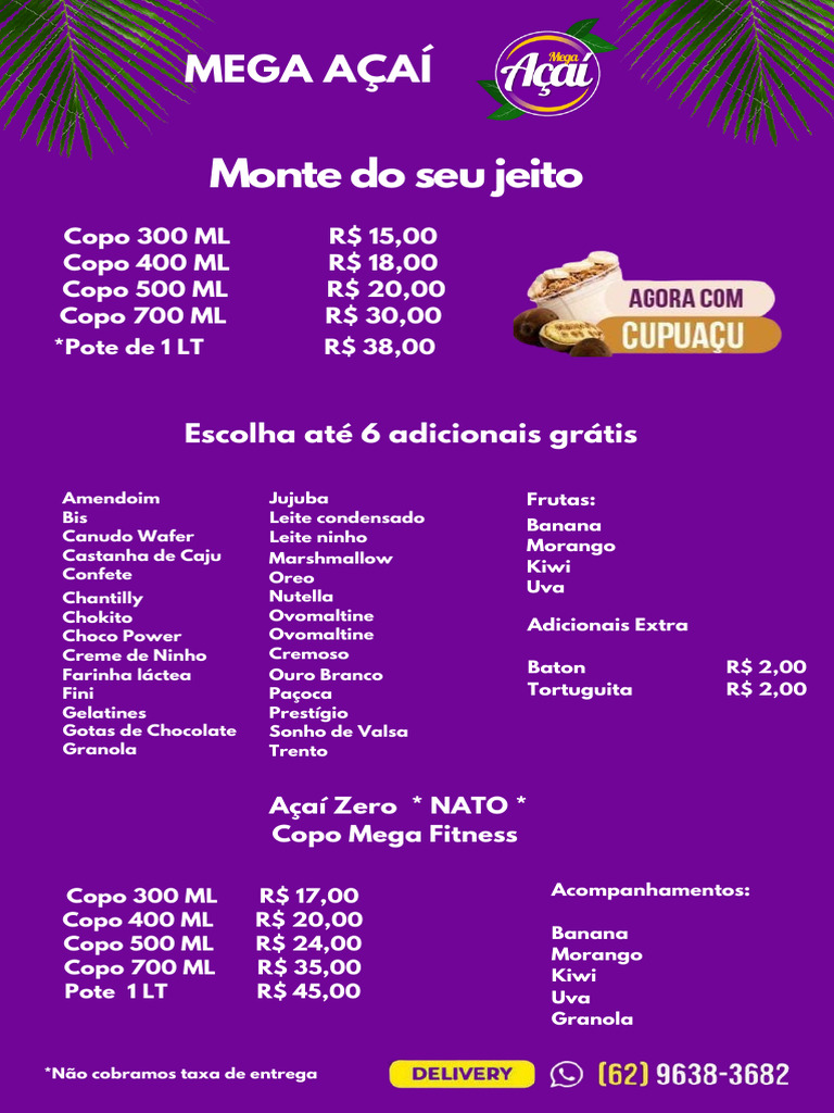 Cardapio Mega Açaí - Atualizado | PDF | Gastronomia, comida e vinho