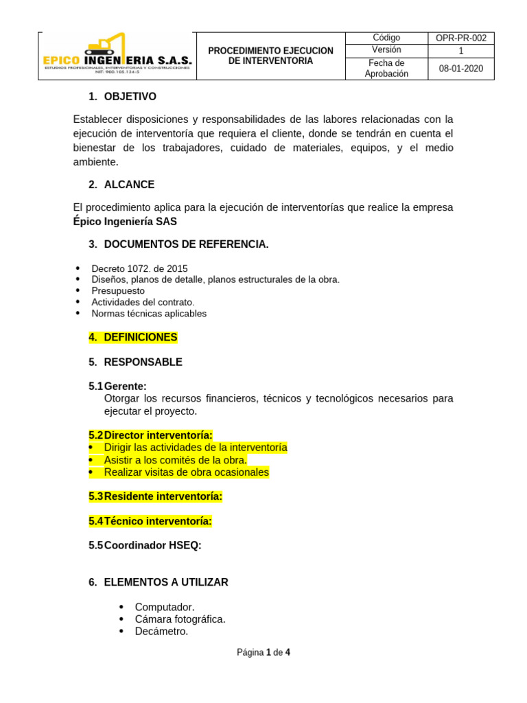 Opr-Pr-002 Procedimiento Ejecucion de Interventoria | PDF | Residuos