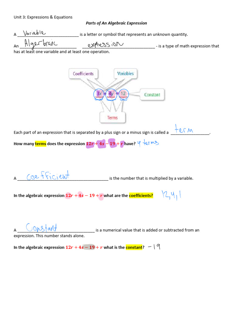 3 Parts of An Algebraic Expression Notes | PDF