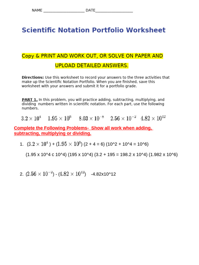 Scientific Notation Portfolio Worksheet | PDF | Multiplication ...
