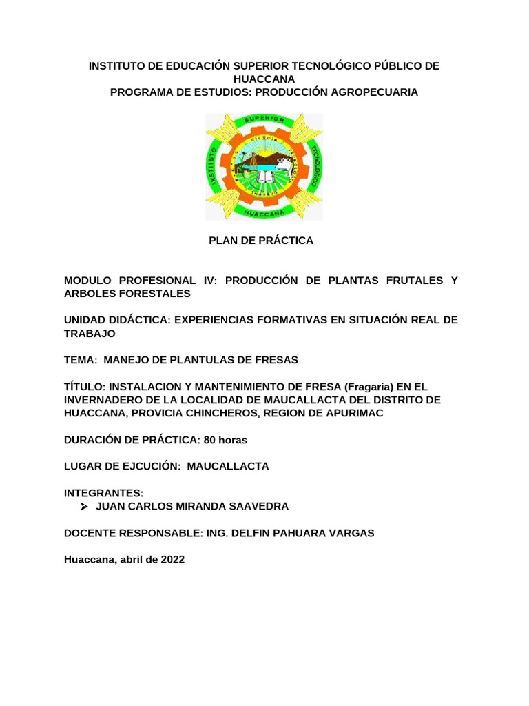 Plan de Practicas - Juan Carlos | PDF | fresa | Riego
