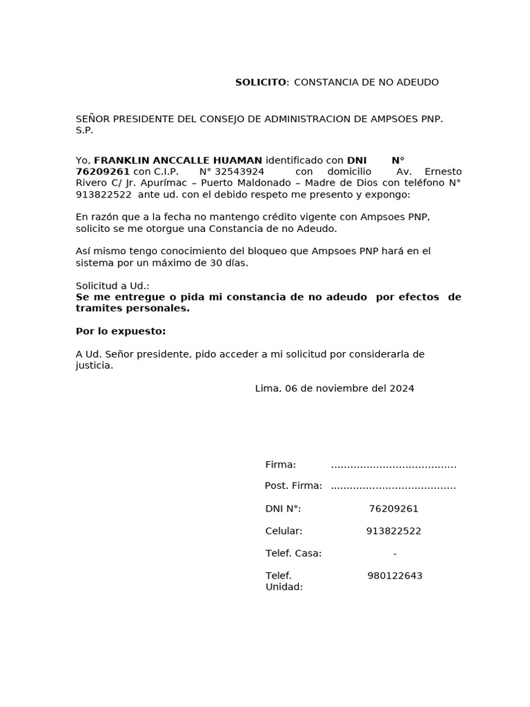 Formato SOLICITUD CONSTANCIA DE NO ADEUDO | PDF