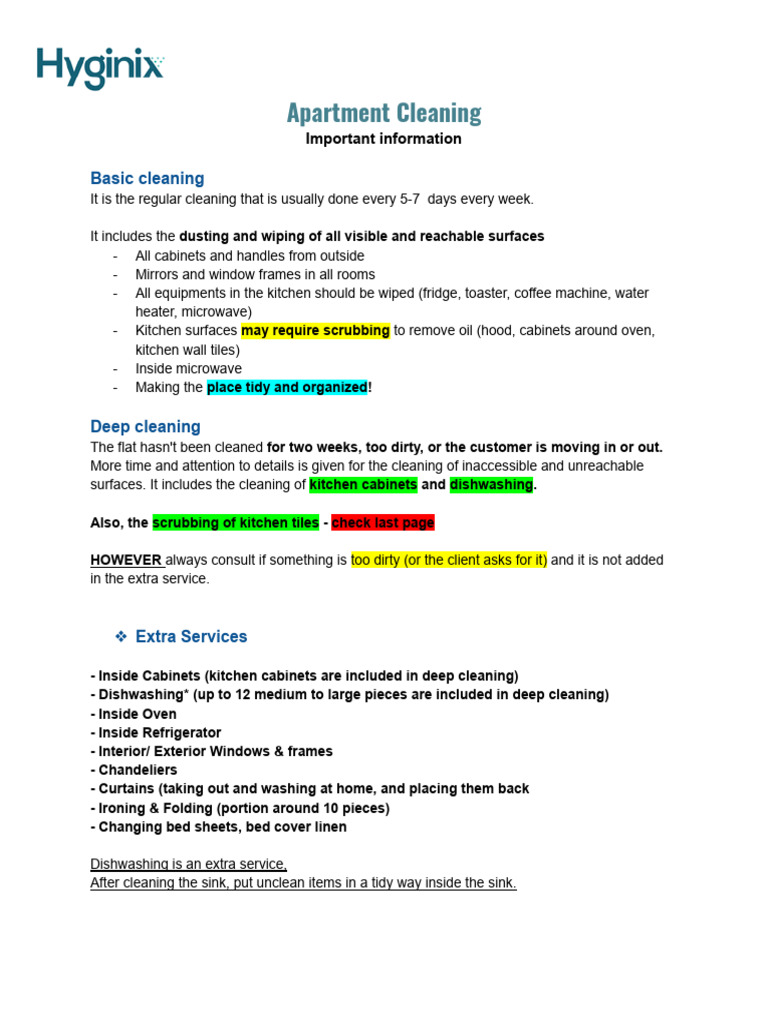 Hyginix Cleaning Information + Check List | PDF | Vacuum Cleaner | Shower