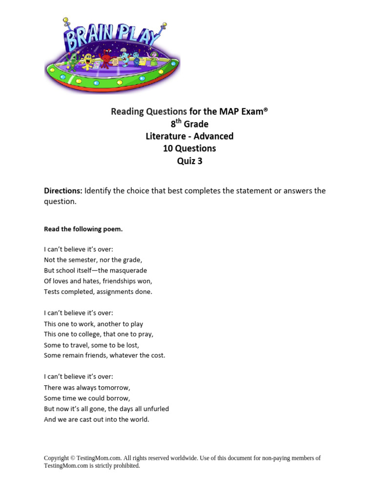 MAP 8th Grade - Reading - Literature - Advanced Quiz 3 - Testing Mom ...