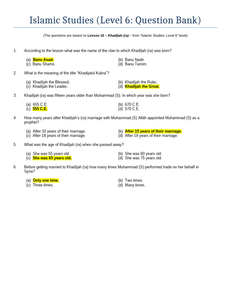 Lev - 6 - Lesson 16 - Khadijah-Answer | PDF