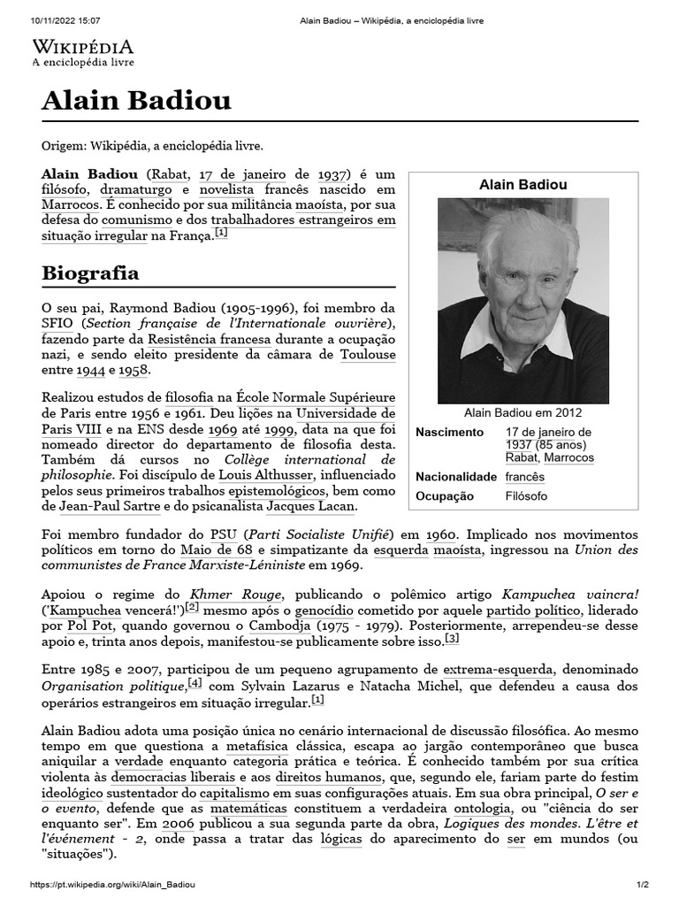 Alain Badiou - Wikipédia, A Enciclopédia Livre | PDF