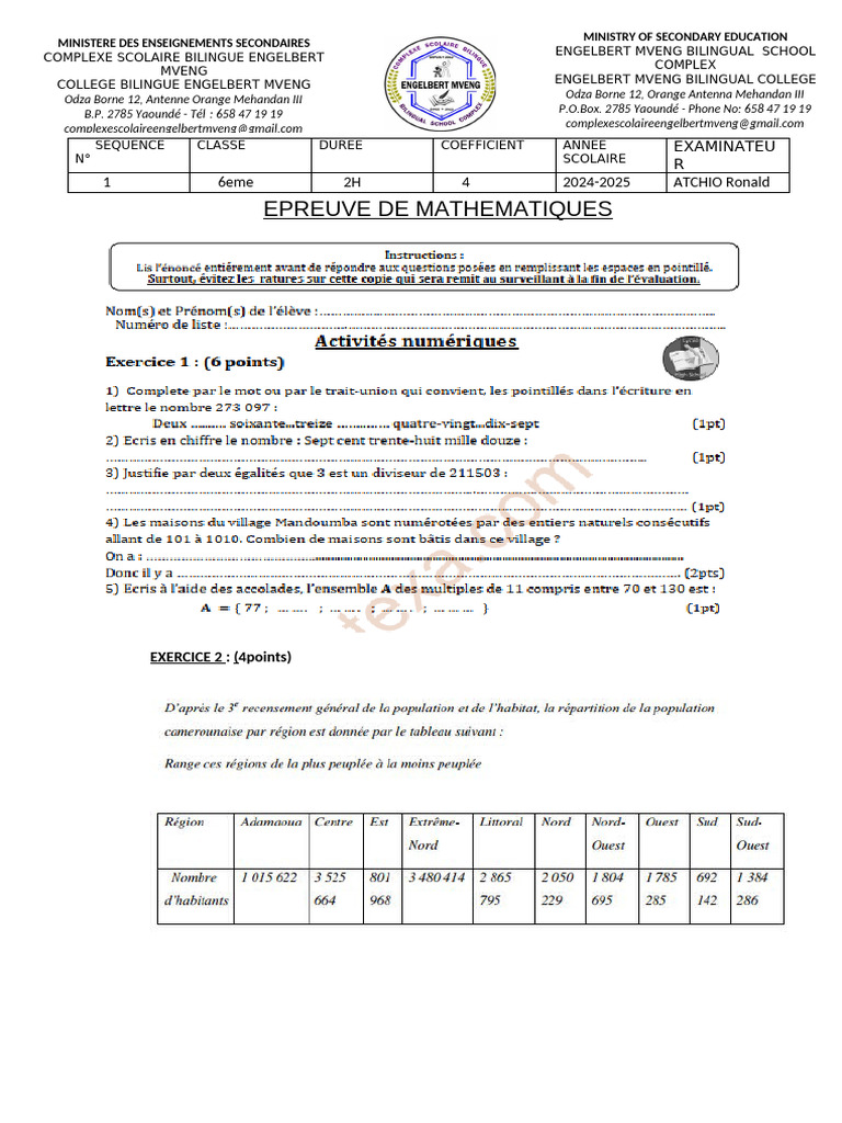 SEQ1 MATHS 6eme | PDF