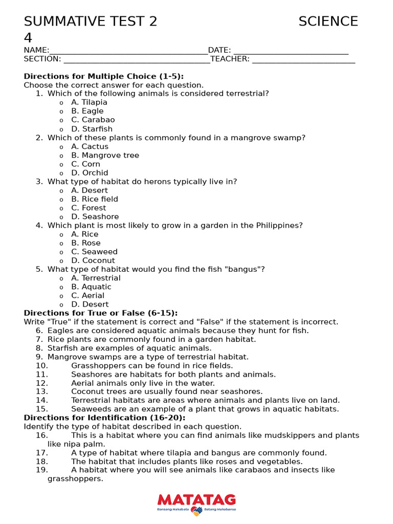 Science 4 Summative 02 | PDF | Habitat