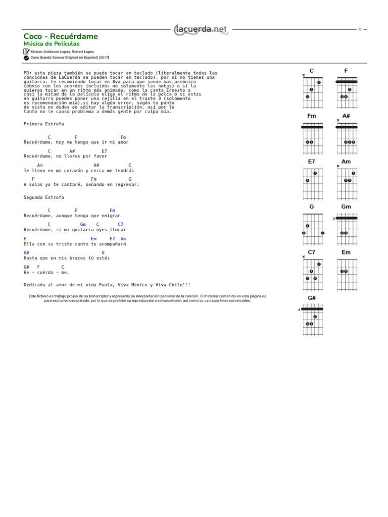 COCO - RECUERDAME, Música de Películas - Acordes | PDF