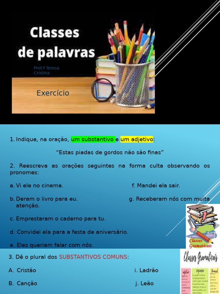 Classes Gramaticais Exercícios | PDF | Linguística | Famílias linguísticas