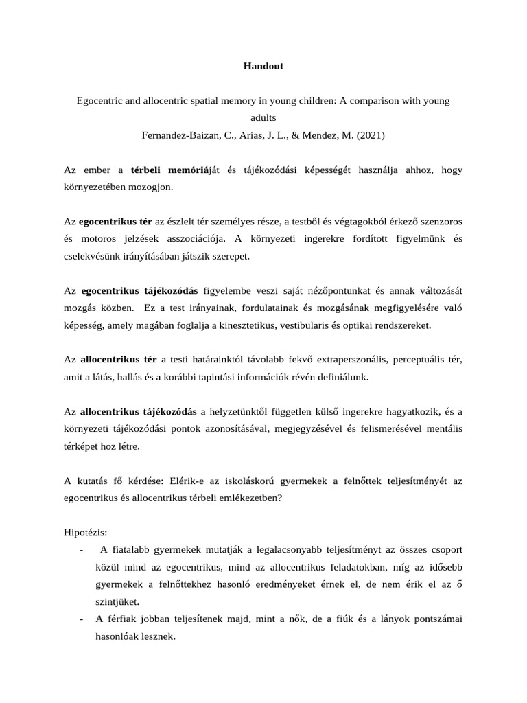 Egocentric and Allocentric Spatial Memory Handout | PDF