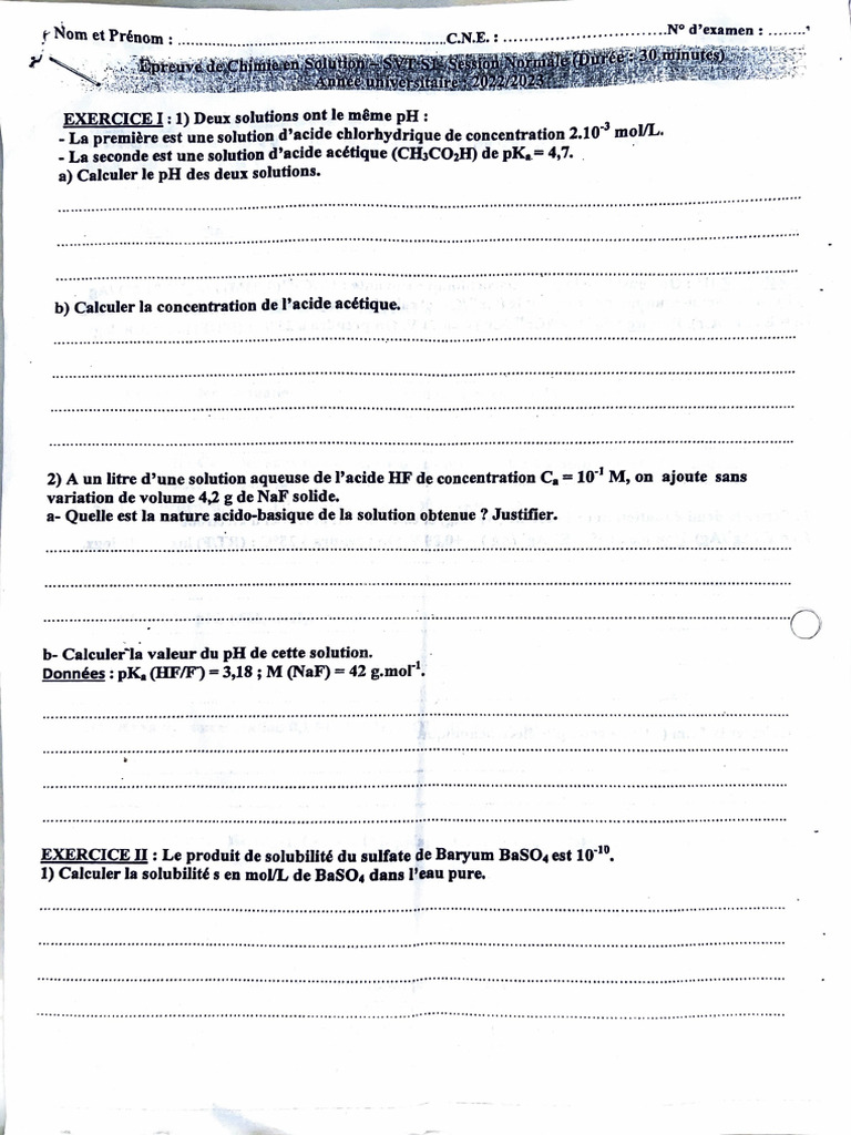 Examens BCG Chimie Des Solution (PR Natij) | PDF