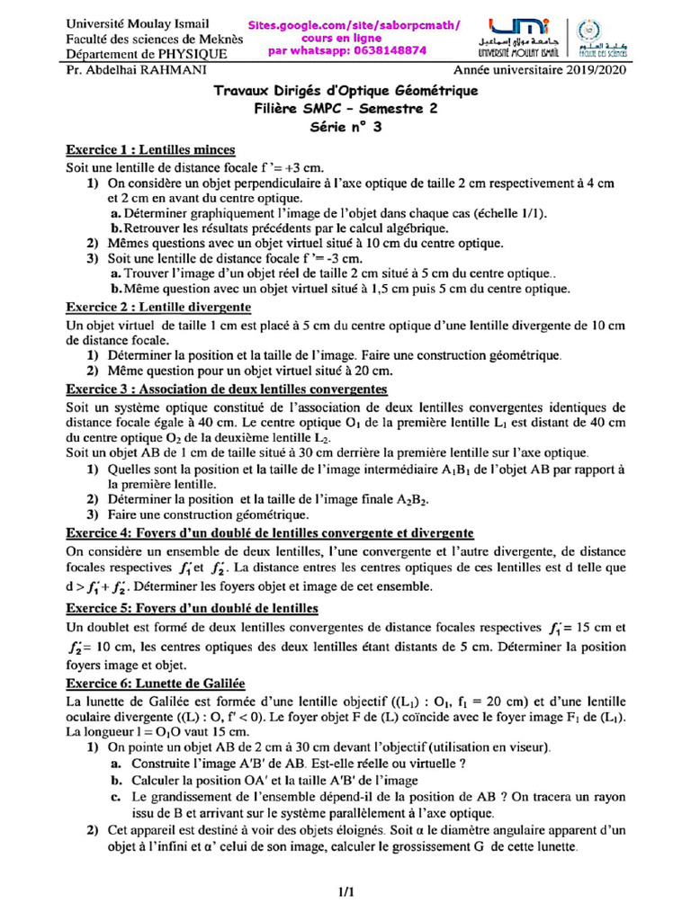 Les Lentilles Minces+le Doublets Serie Corrigé | PDF