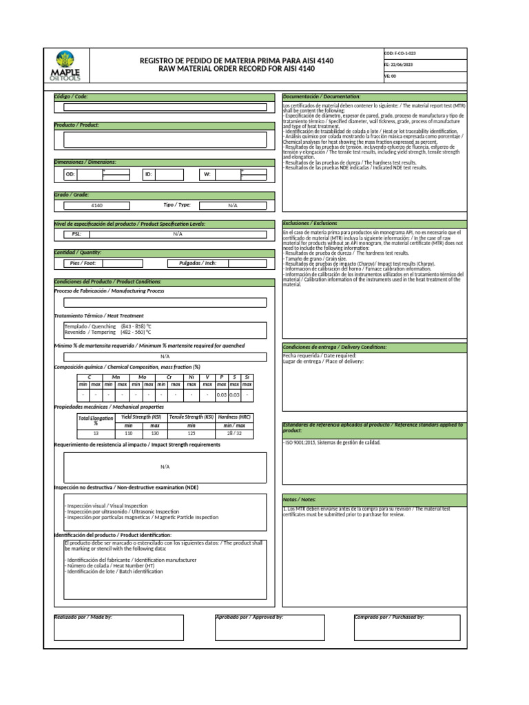 F-CO-1-023 Registro de Pedido de Materia Prima - 4140 | PDF | Materiales | Ciencia de los Materiales