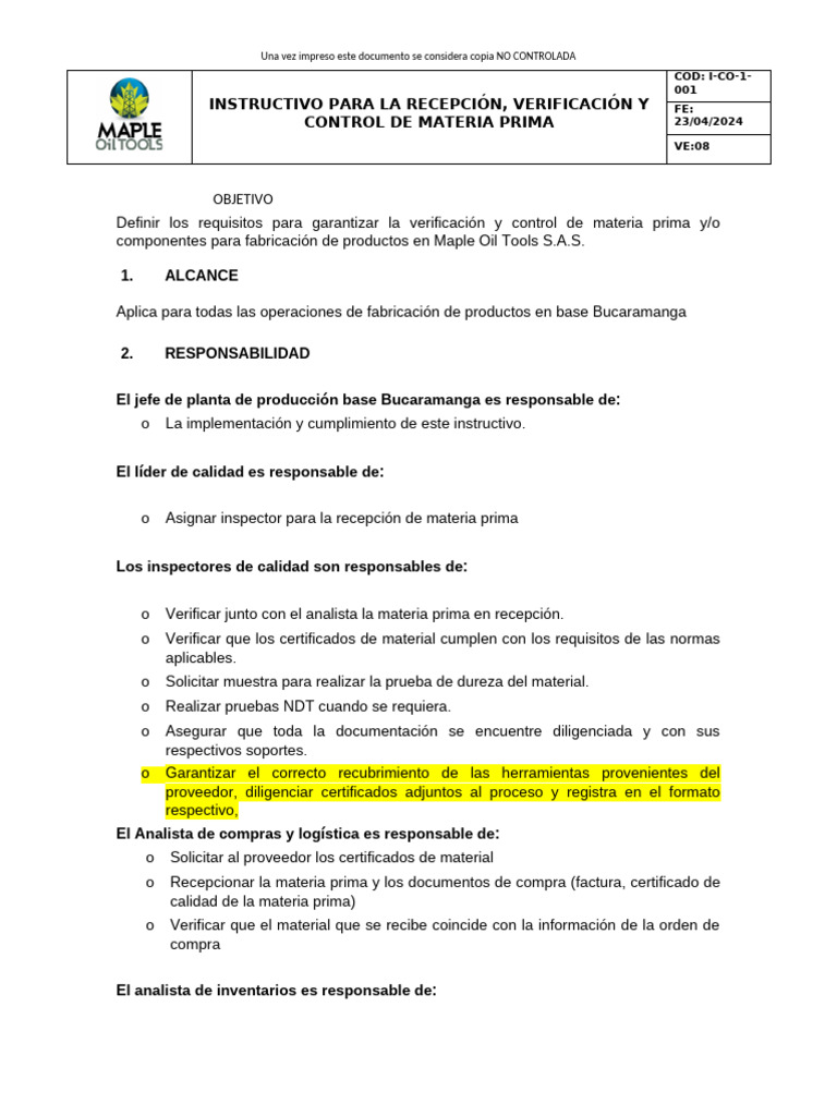 I CO 1 001 Instructivo Recepción MP (V8) | PDF | Materiales | Sector secundario de la economía