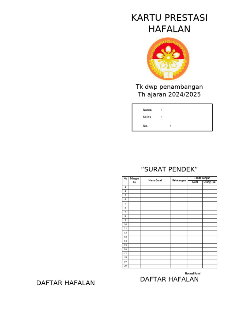 Kartu Prestasi Hafalan | PDF