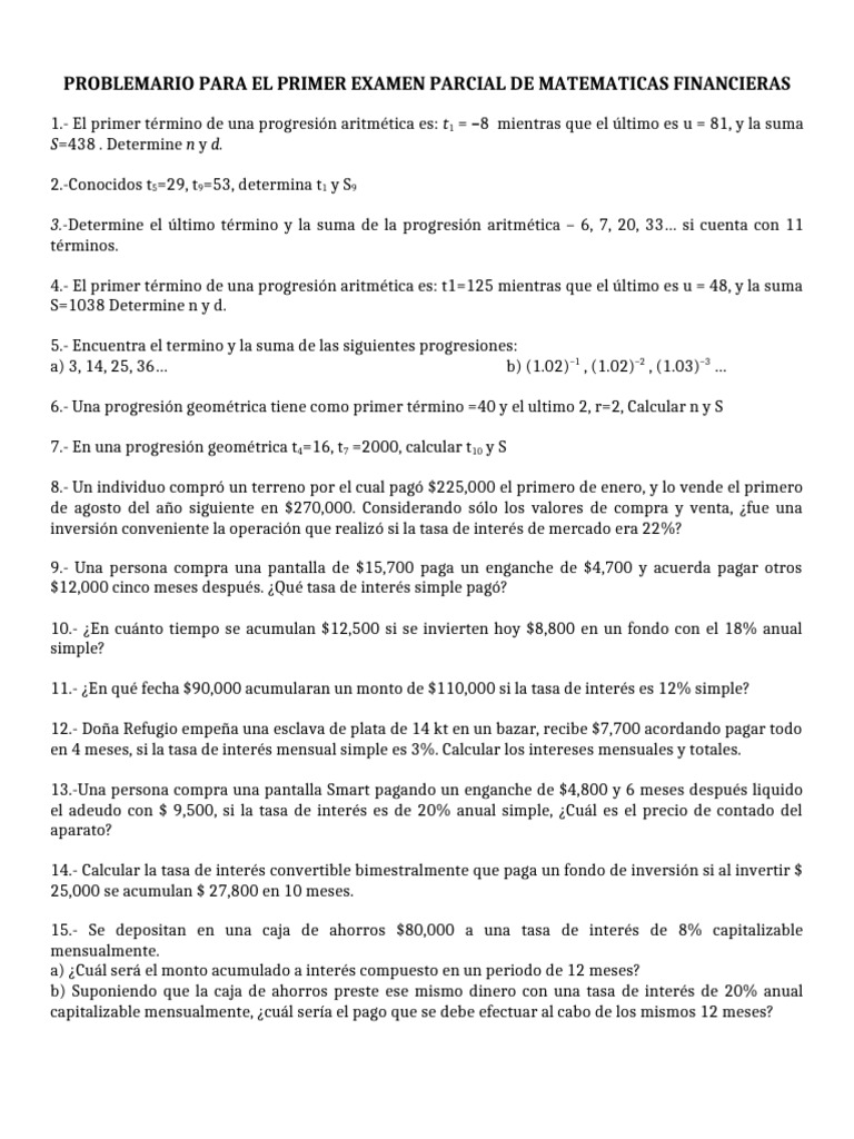 Problemario 1er. Examen Parcial Matematicas Financieras | PDF | Servicios financieros | Economias