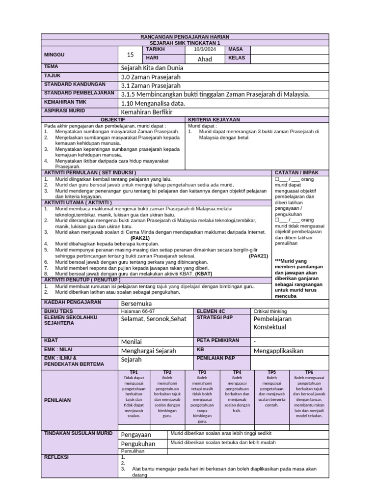 RPH SMK Minggu 15 Sejarah Tingkatan 1 2024 2025 by Cikgu Gorgeous | PDF | Karier & Perkembangan ...