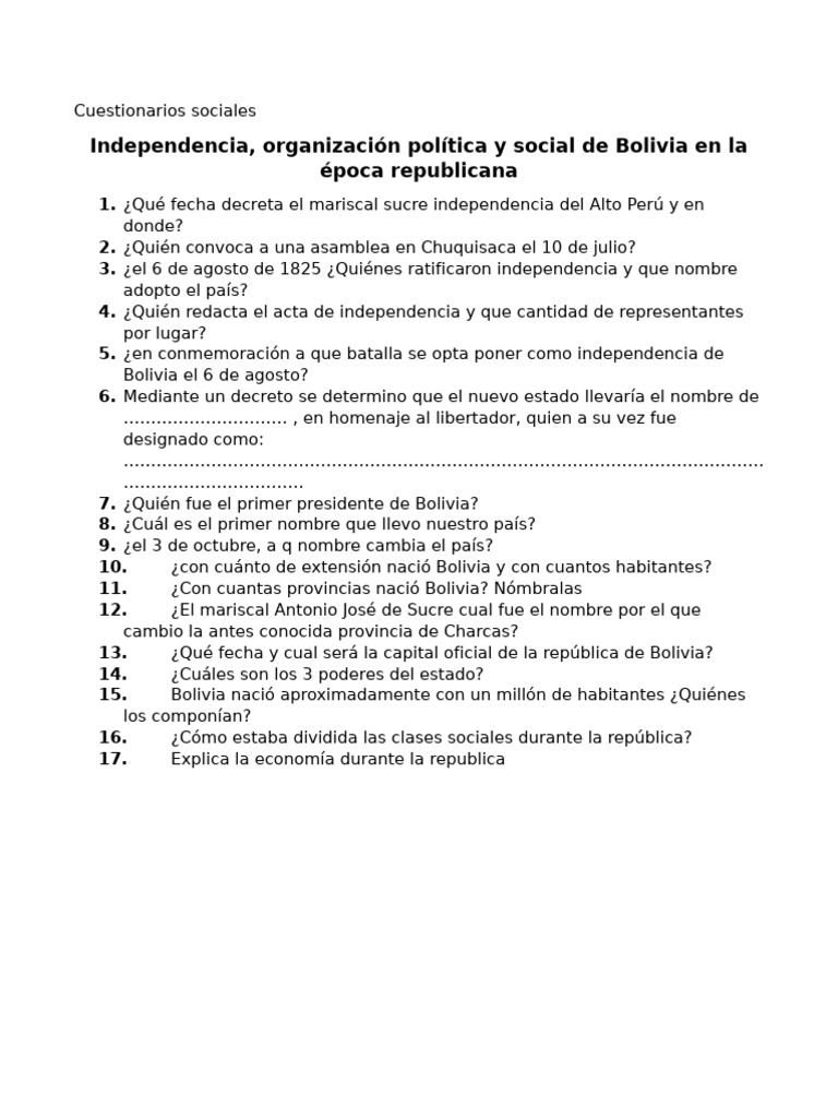 Cuestionario Independencia Organizacion de Bolivia Durante La Republica ...