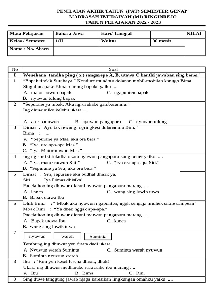 Soal Pat Bahasa Jawa KLS 1 | PDF
