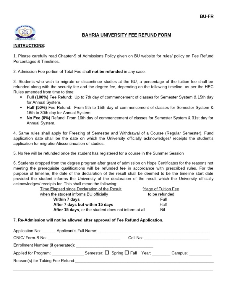 BU Fee Refund Form - BU FR | PDF