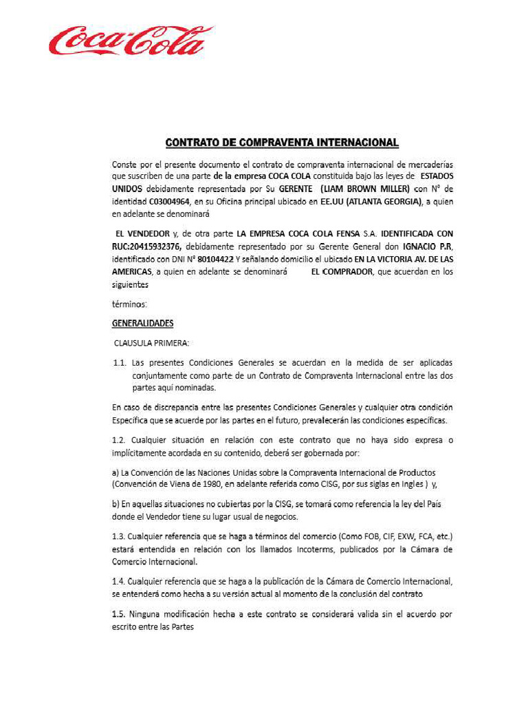 Modelo Contrato de Compraventa Intercacional - Coca Cola | PDF