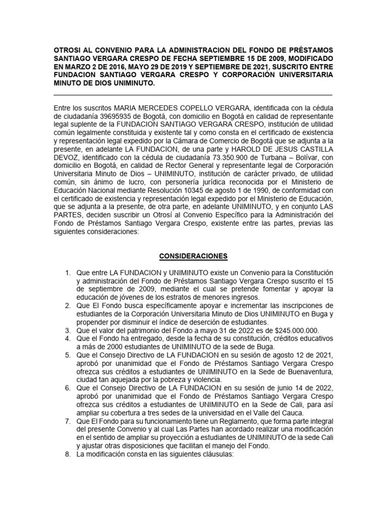 Convenio Fondo de Prestamos Fsvc-Uniminuto Otrosí Junio 14 2022 1 | PDF ...