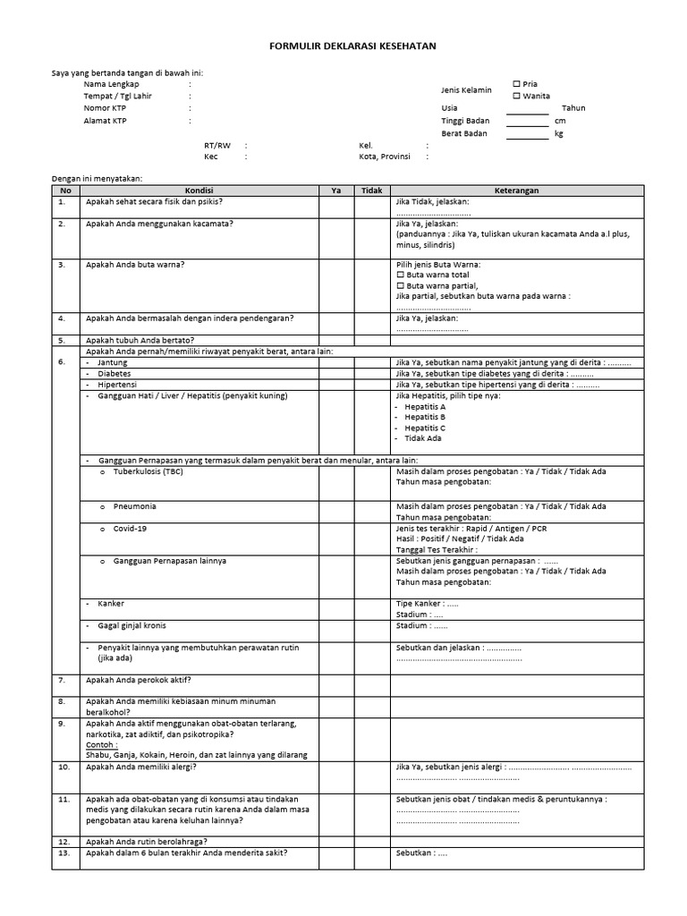 Formulir Deklarasi Kesehatan Pribadi | PDF