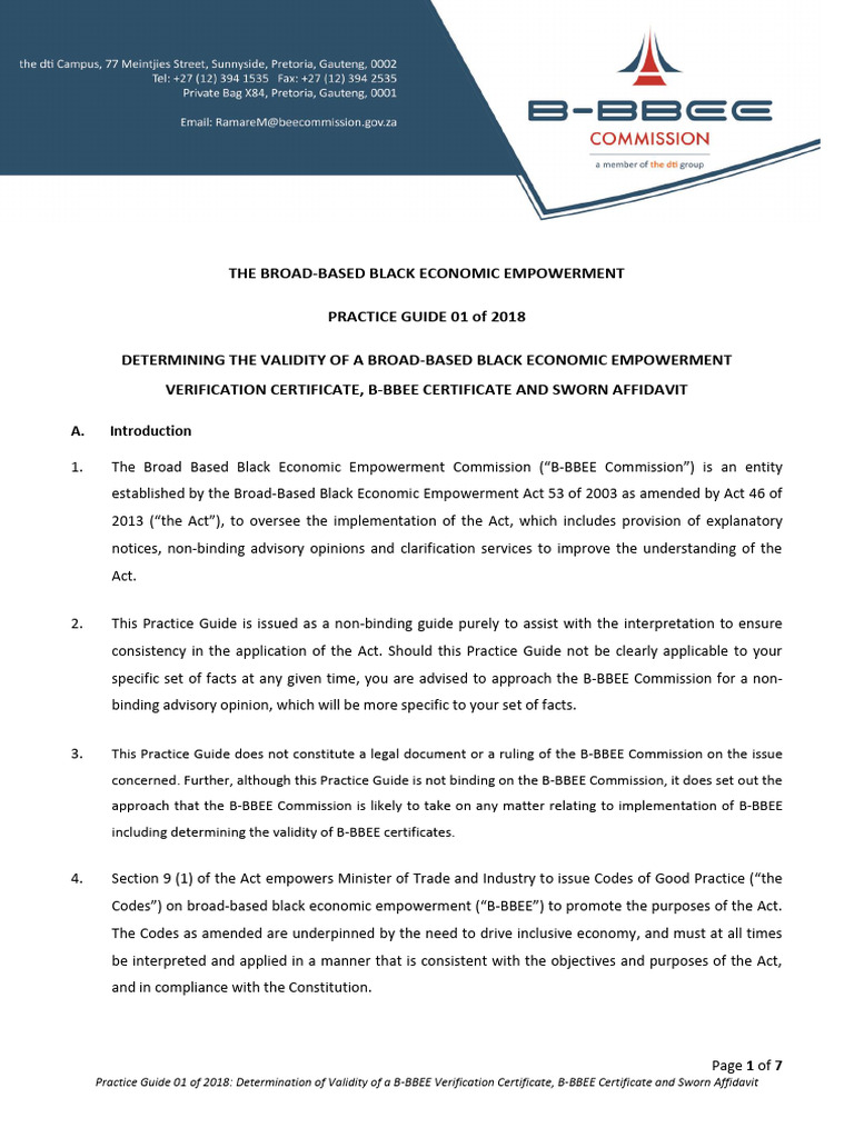 Practice Guide 01 of 2018 Determining Validity of A B BBEE Certificate ...