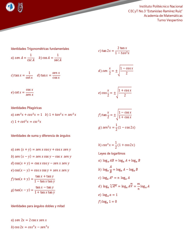 Formulario Trigo | PDF | Combinatoria | Matemáticas