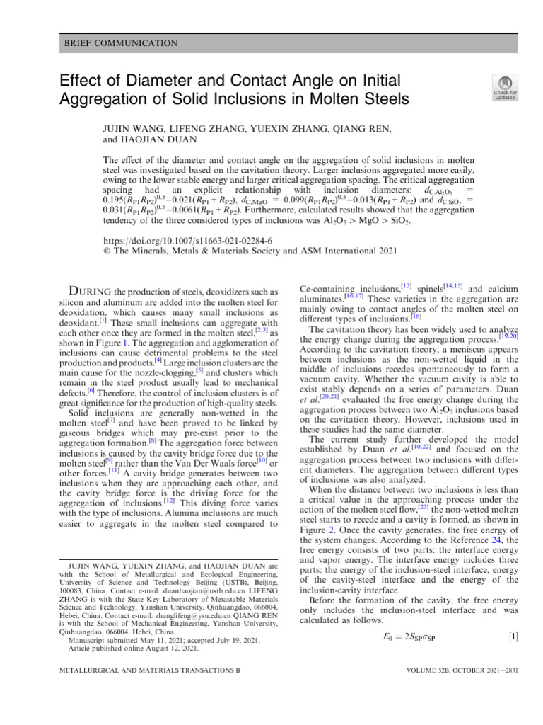 Effect of Diameter and Contact Angle On Initial Aggregation of Solid ...