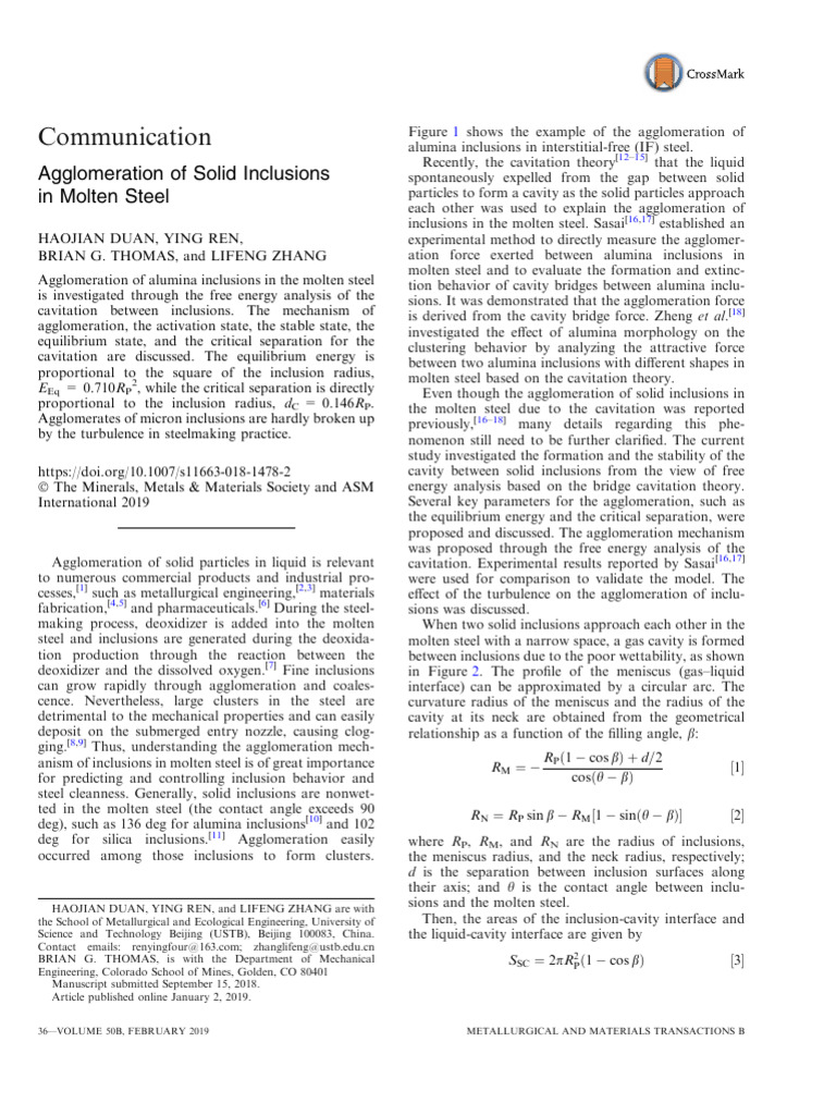 Agglomeration of Solid Inclusions in Molten Steel | PDF | Force ...