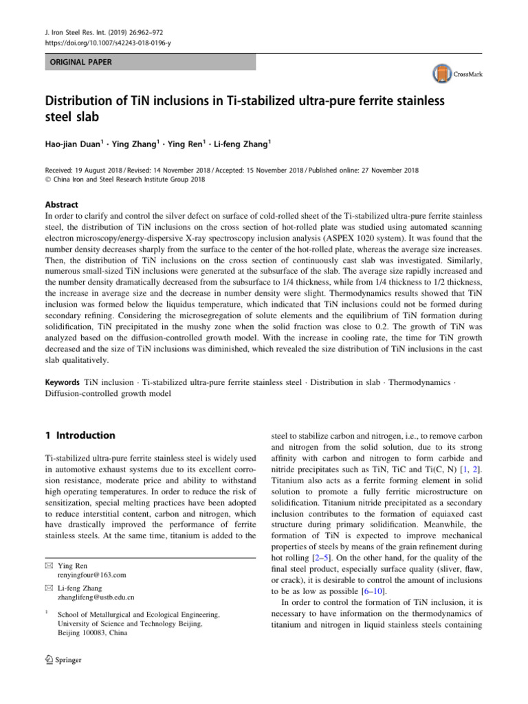 Distribution of TiN Inclusions in Ti-Stabilized Ultra-Pure Ferrite ...