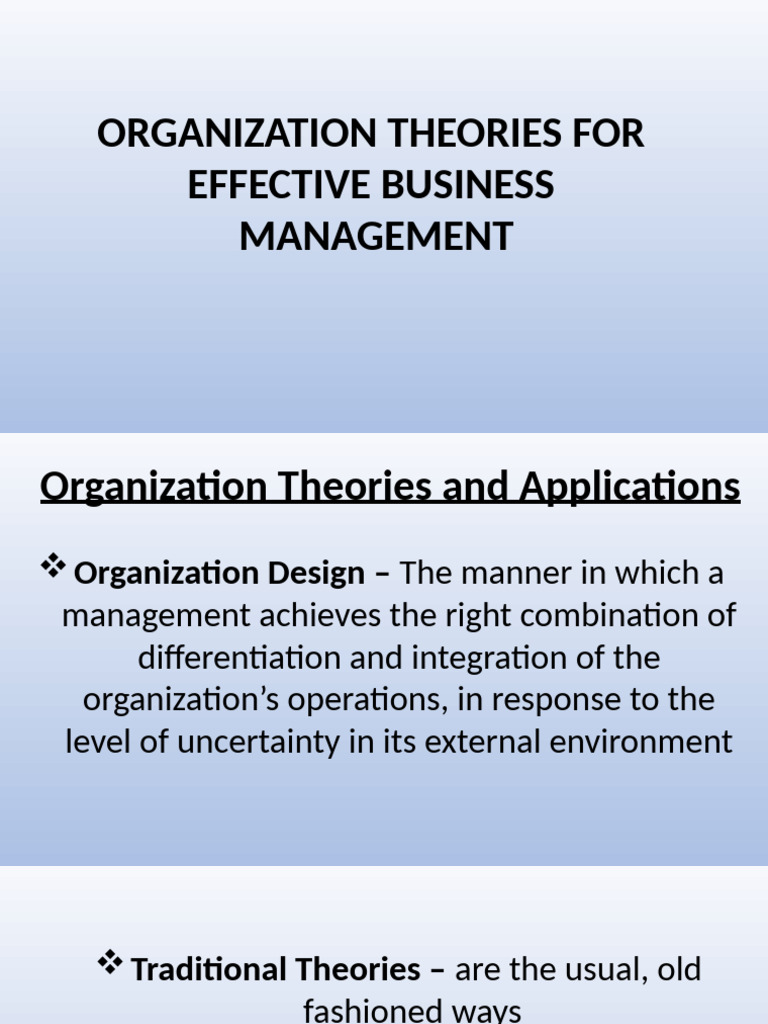 Organization Theories For Effective Business Management | PDF | Business | Economies