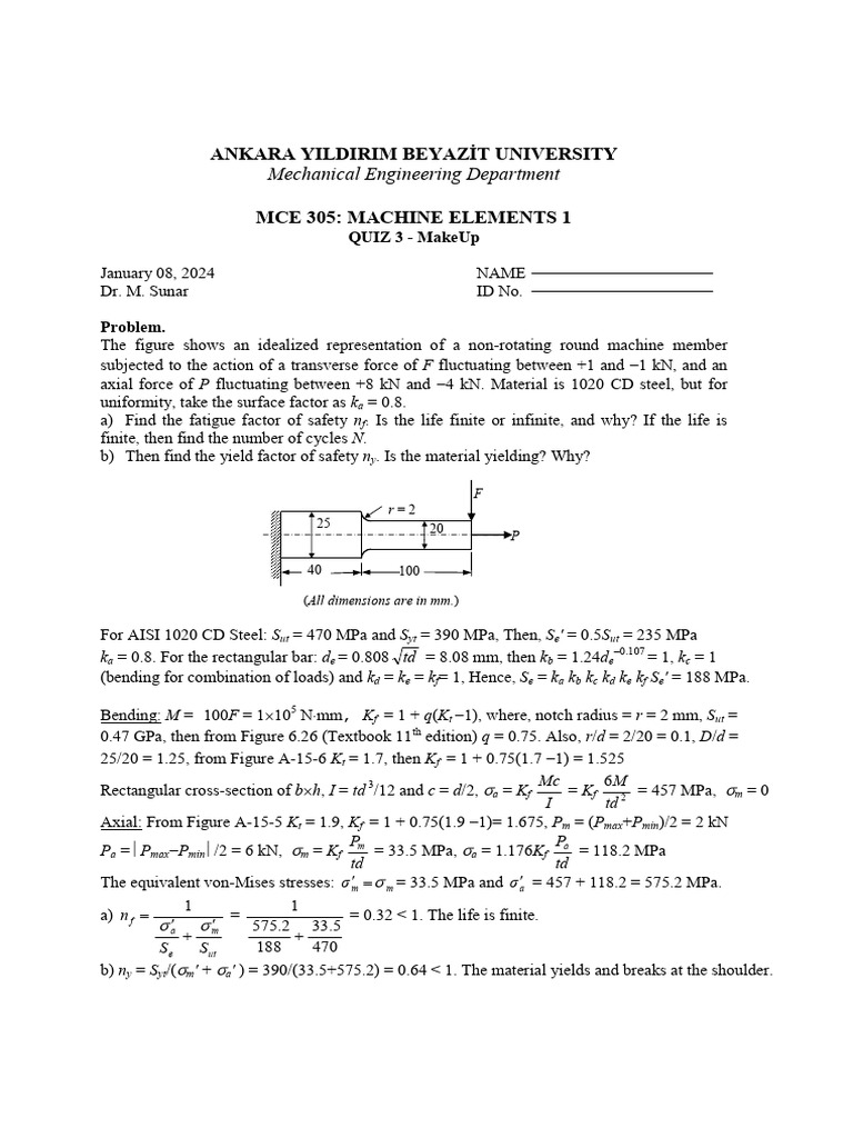 Engineering Quiz: Fatigue & Yield Analysis | PDF | Building Engineering | Continuum Mechanics