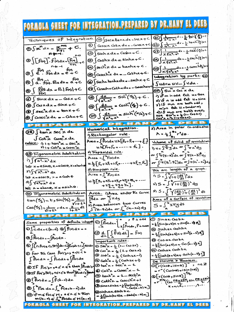 Formula Sheet For Integration - 241031 - 204317 | PDF