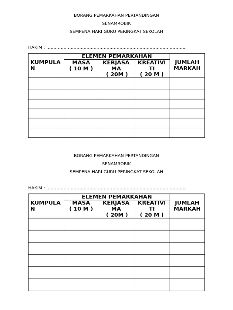 Borang Pemarkahan Pertandingan | PDF