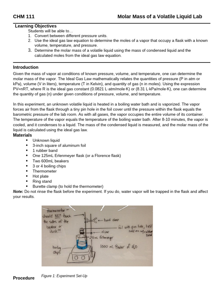 Molar Mass of Volatile Liquid Lab | PDF | Gases | Pressure