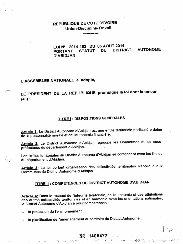LOI #2014 453 Portant Statut Du District Autonome Dabidjan | PDF