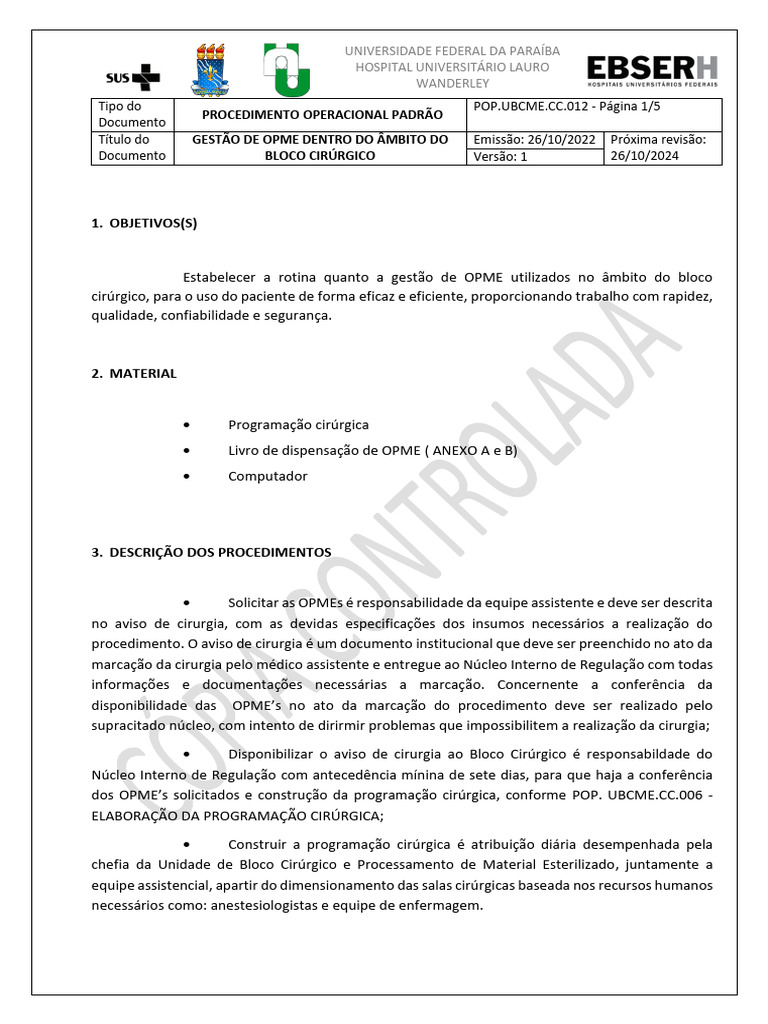 POP - UBCME.CC.012 - Gestão de OPME Dentro Do Âmbito Do Bloco Cirúrgico ...