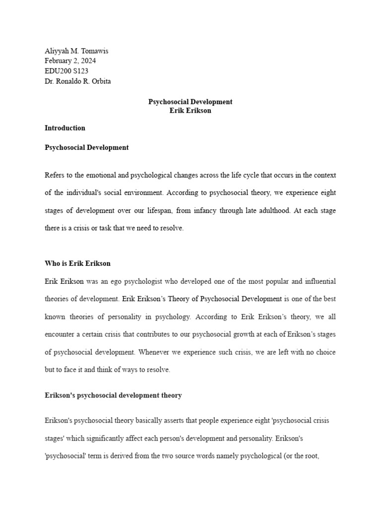 ALIYYAH M. TOMAWIS Erik Erikson Stages of Psychosocial Development Part ...