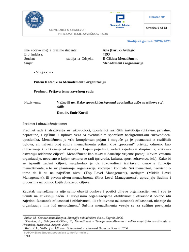 Ajla Avdagić - Prijava Rada | PDF