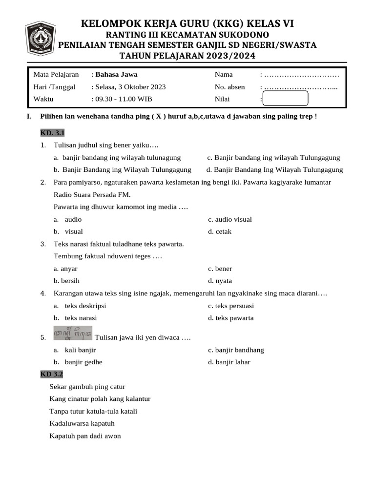 Soal PTS I Bahasa Jawa Kelas VI Guslah III | PDF | Kajian Bahasa Asing