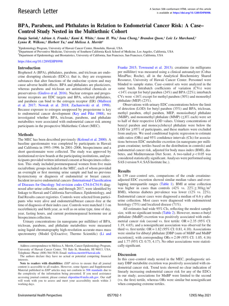 3 BPA, Parabens, and Phthalates in Relation To Endometrial Cancer Risk ...