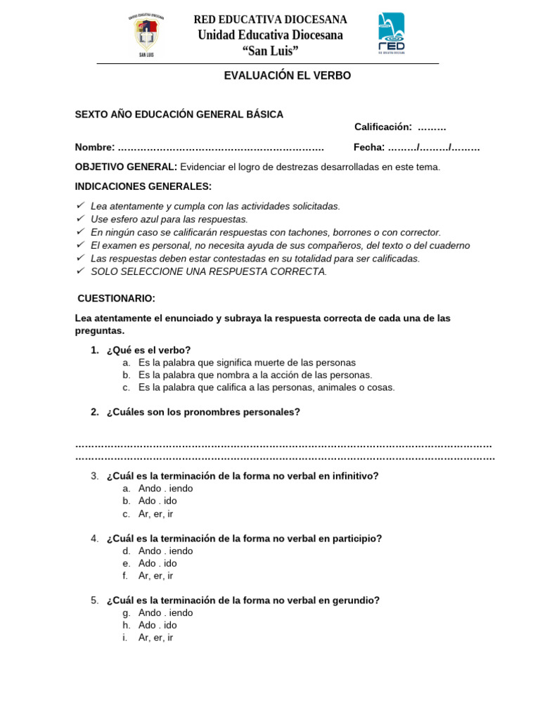 Evaluación de Verbos 6° Básica | PDF | Estudios de idiomas extranjeros