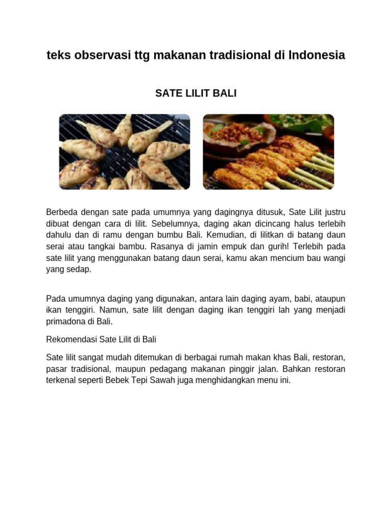 Teks Observasi TTG Makanan Tradisional Di Indonesia | PDF