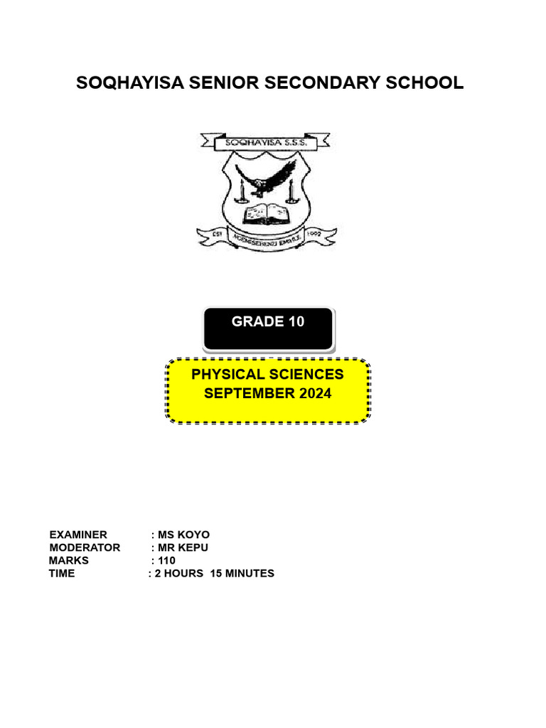 PHSC Grade 10 Test Term 3 2024-2 | PDF | Force | Acceleration