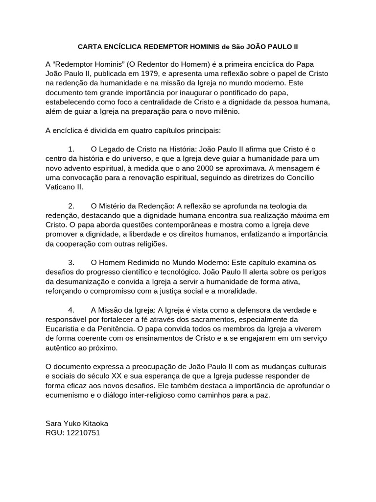 Resumo: CARTA ENCÍCLICA REDEMPTOR HOMINIS de São JOÃO PAULO II | PDF | Religião e Espiritualidade
